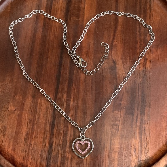 Jewelry | Silver Tone Pink Rhinestone Heart Pendant Necklace | Poshmark
